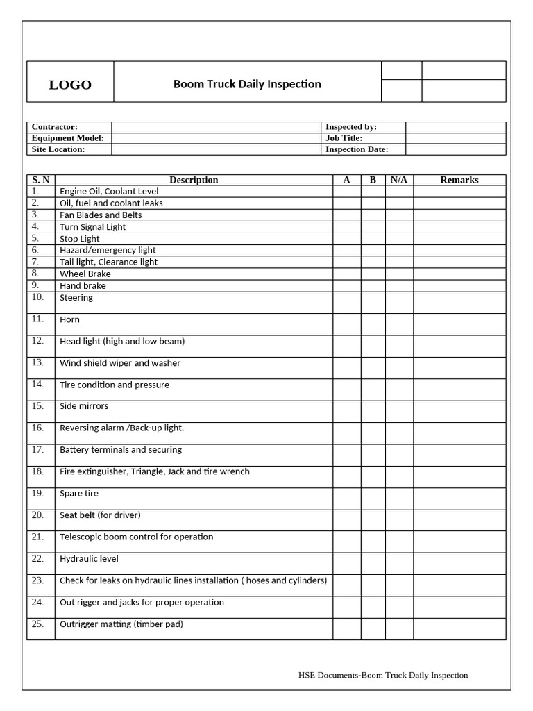 Boom Truck Daily Inspection | PDF