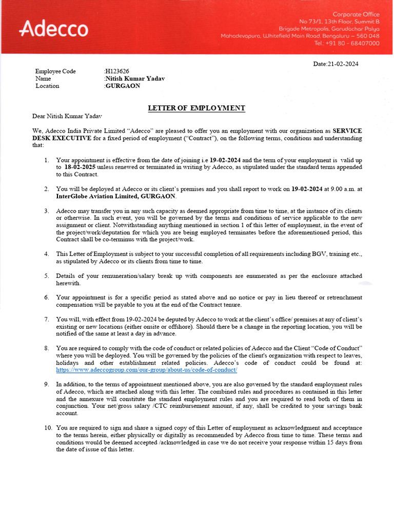 Nitish 3 176312 Appointment Letter1728909045465 | PDF | Indemnity | Employment