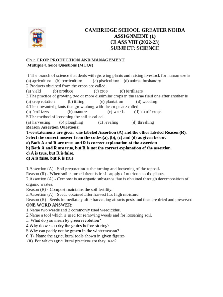 Cambridge School Greater Noida Assignment (1) CLASS VIII (2022-23) Subject: Science | PDF ...