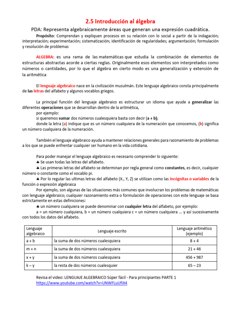 Apunte m2 (Octubre) Lenguaje Algeb | PDF | Álgebra | Fórmula