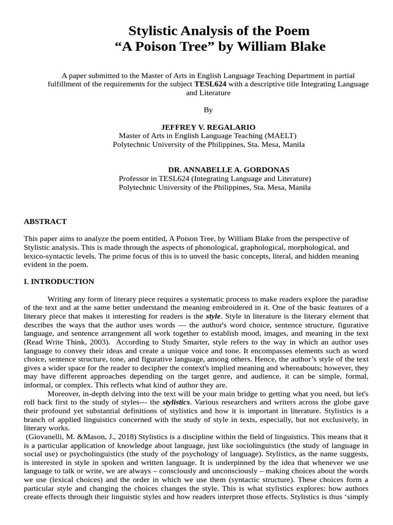 Stylistic Analysis-The Poison Tree | PDF | Linguistics | Word