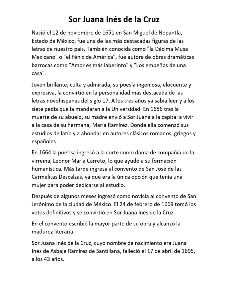 Vida y obra de Sor Juana Inés de la Cruz | PDF
