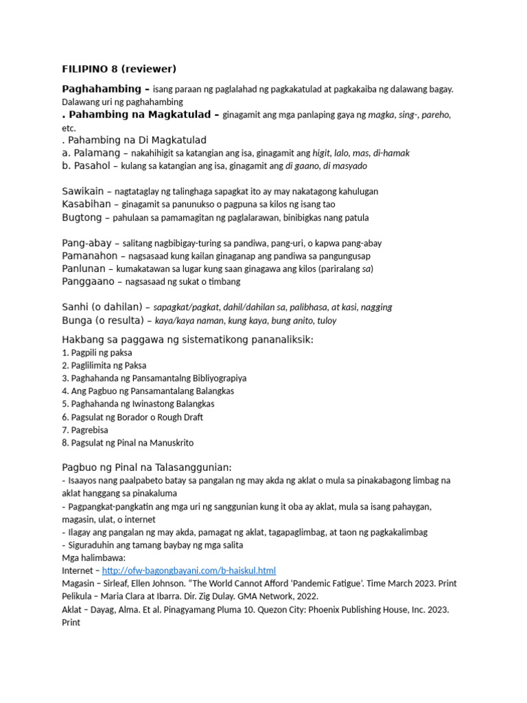 FILIPINO 8 (Reviewer 2024-2025) | PDF