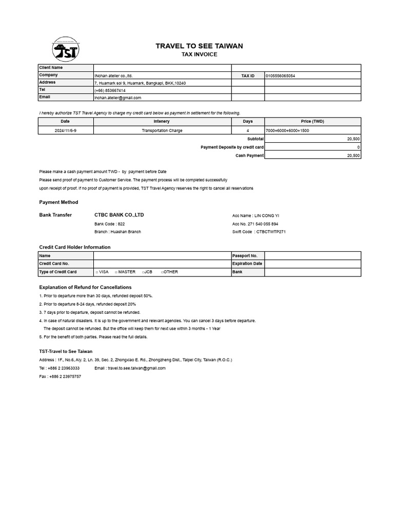INchan Atelier Travel Invoice Details | PDF | Credit Card | Payments