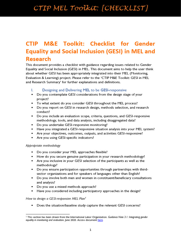 Deliverable 3 - 4 - GESI in MEL Checklist | PDF | Evaluation | Methodology