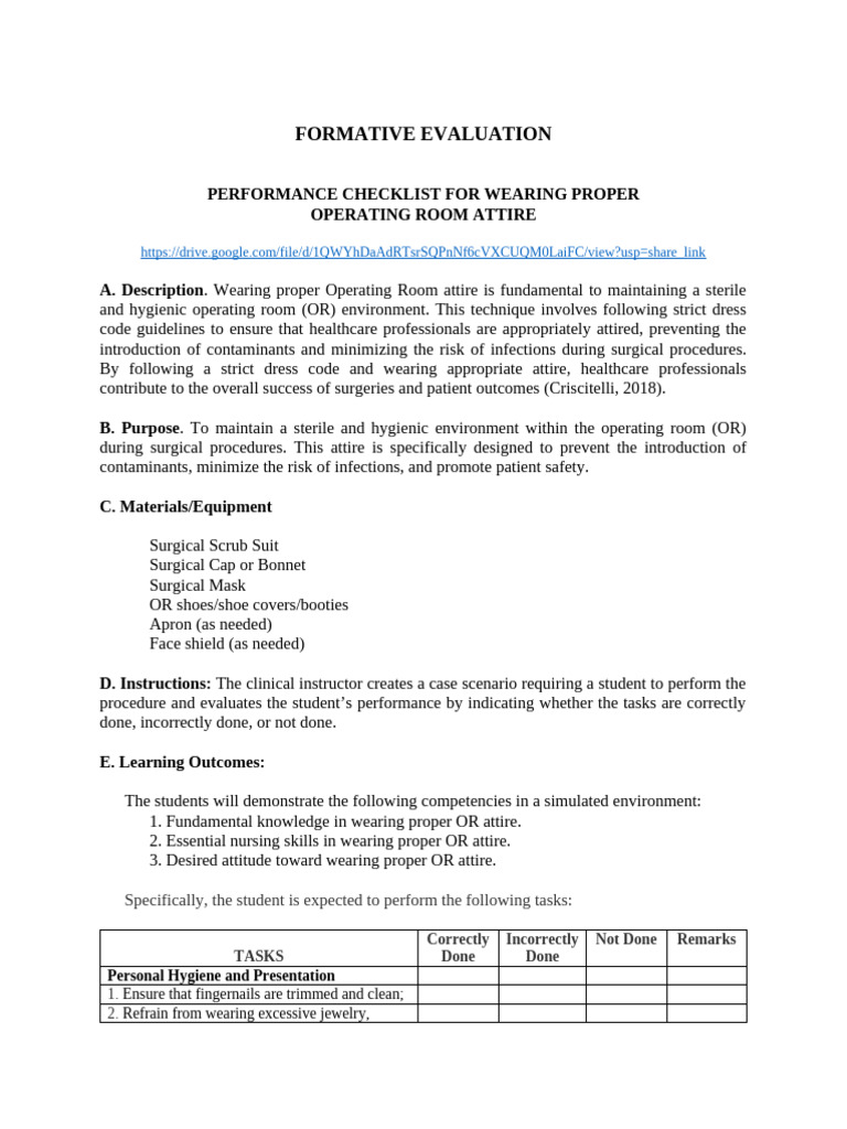 Performance Checklists For or Techniques 2 | PDF | Surgery | Operating ...
