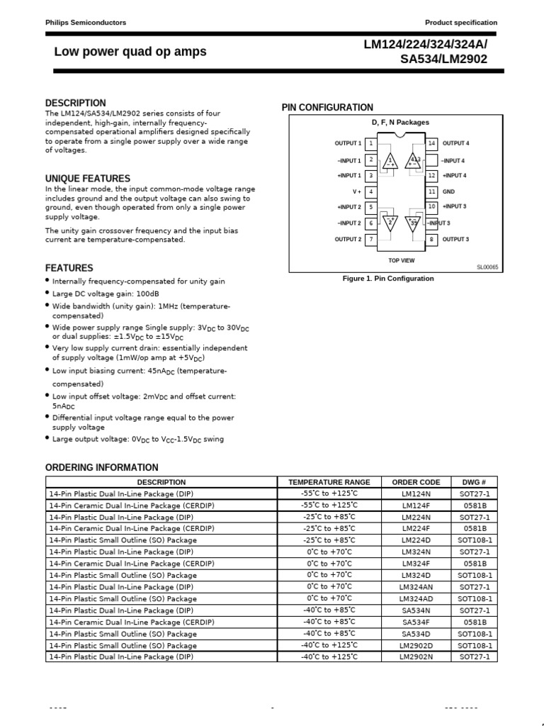 Low Power Quad Op Amps Spec Sheet | PDF | Operational Amplifier | Amplifier