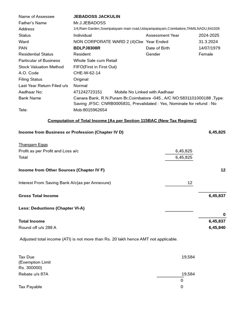 Computation 2024-25 (1) | PDF | Tax Refund | Taxation