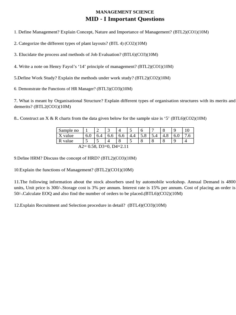 MS Mid I Important Questions | PDF