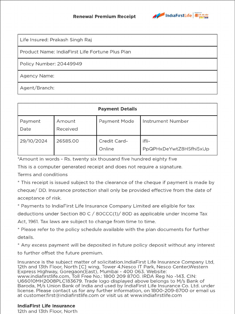 Renewal Premium Receipt 20449949 | PDF