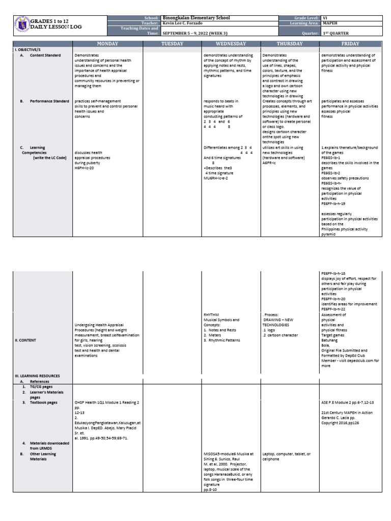 DLL_MAPEH 6_Q1_W3 | PDF | Teachers | Rhythm