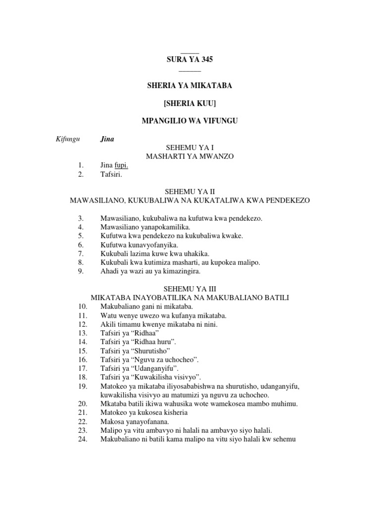 Sheria Ya Mkataba Ya Kiswahili | PDF