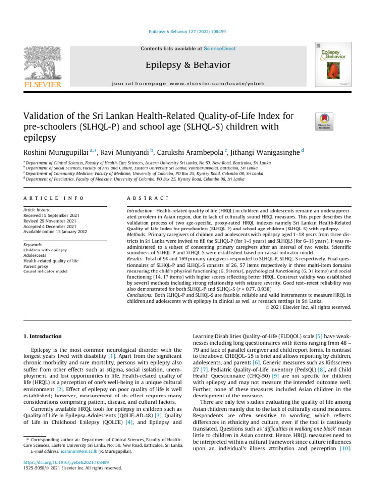 Validation of The Sri Lankan Health-Related Quality-Of-Life Index For | PDF | Epilepsy ...