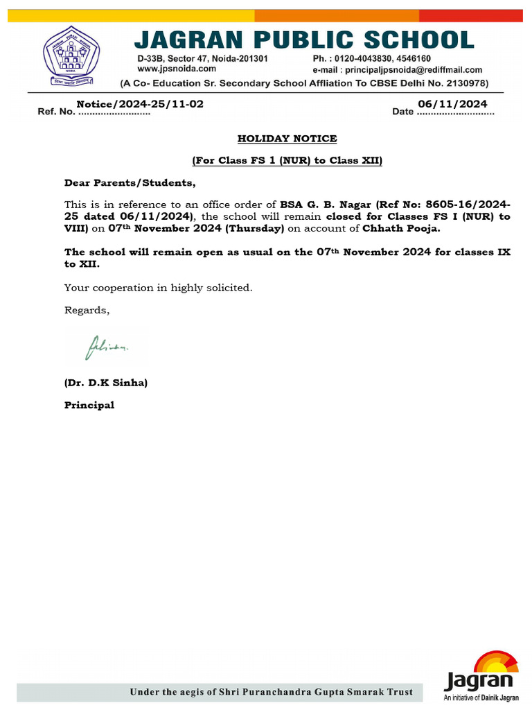 Holiday Notice (Class - FS-1 NUR To XII) | PDF