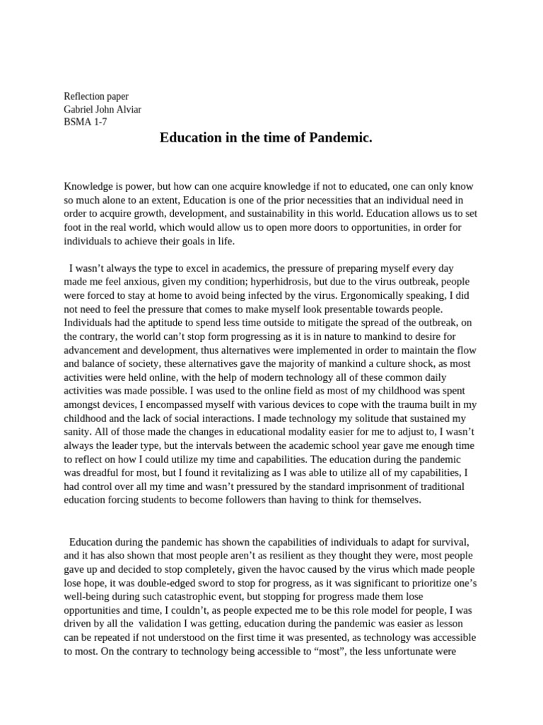 Reflection Paper On Cwts Education During The Pandemic | PDF | Wellness