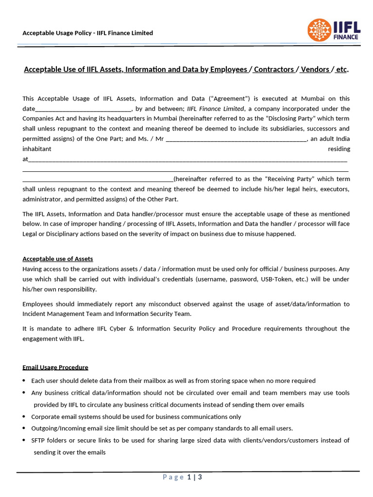 Acceptable Usage of IIFL Assets Data and Info - IIFL Finance - Ver0.2 ...