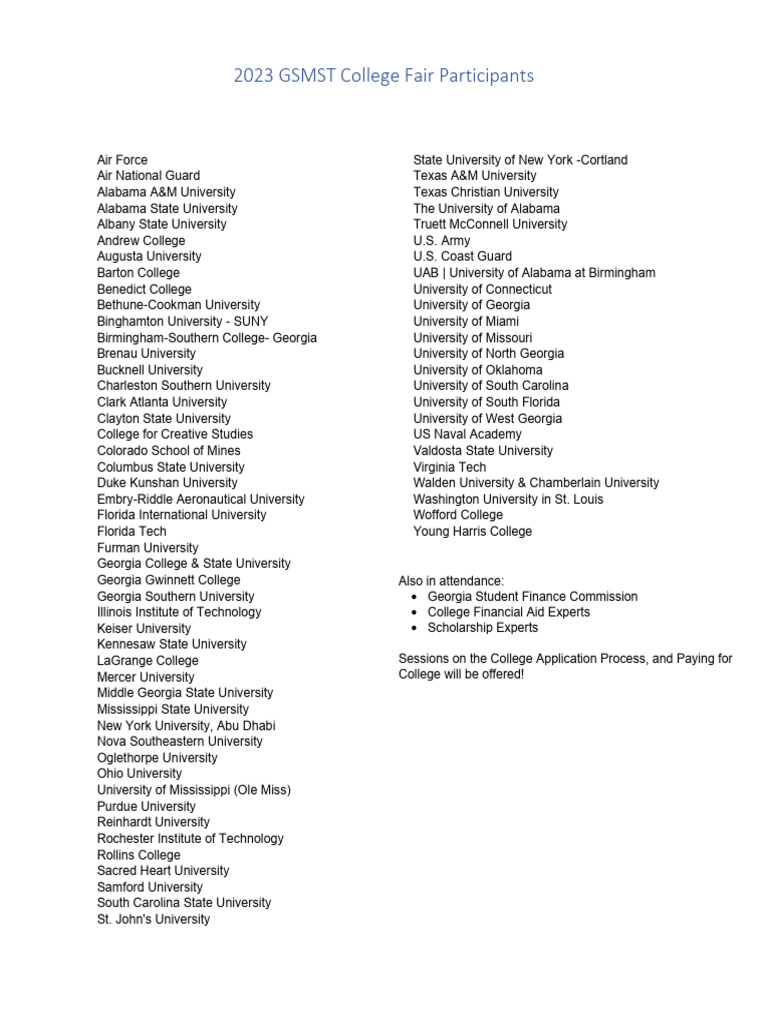 GSMST College Fair List | PDF | Georgia (U.S. State) | Ncaa Division I ...