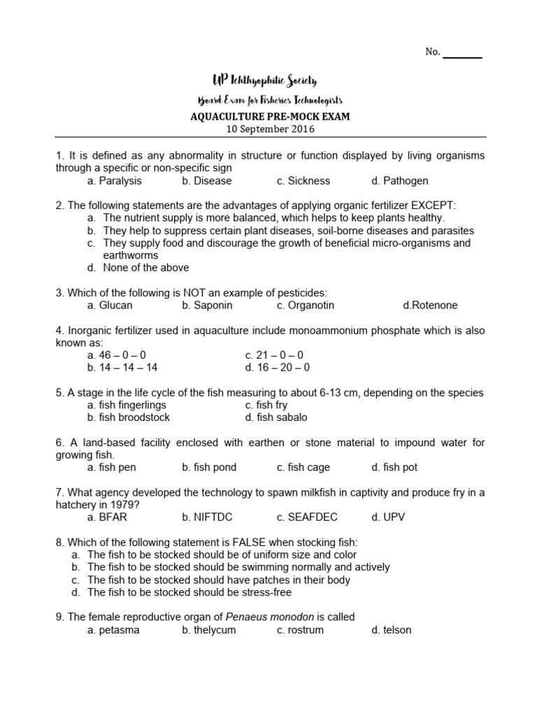 Aquaculture Pre-Mock Exam | PDF | Aquaculture | Fish