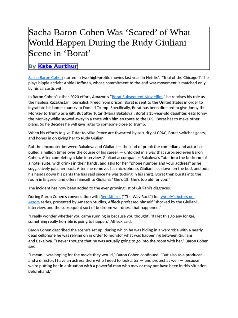 Sacha Baron Cohen Was Scared' of What Would Happen During The Rudy Giuliani Scene in Borat' | PDF