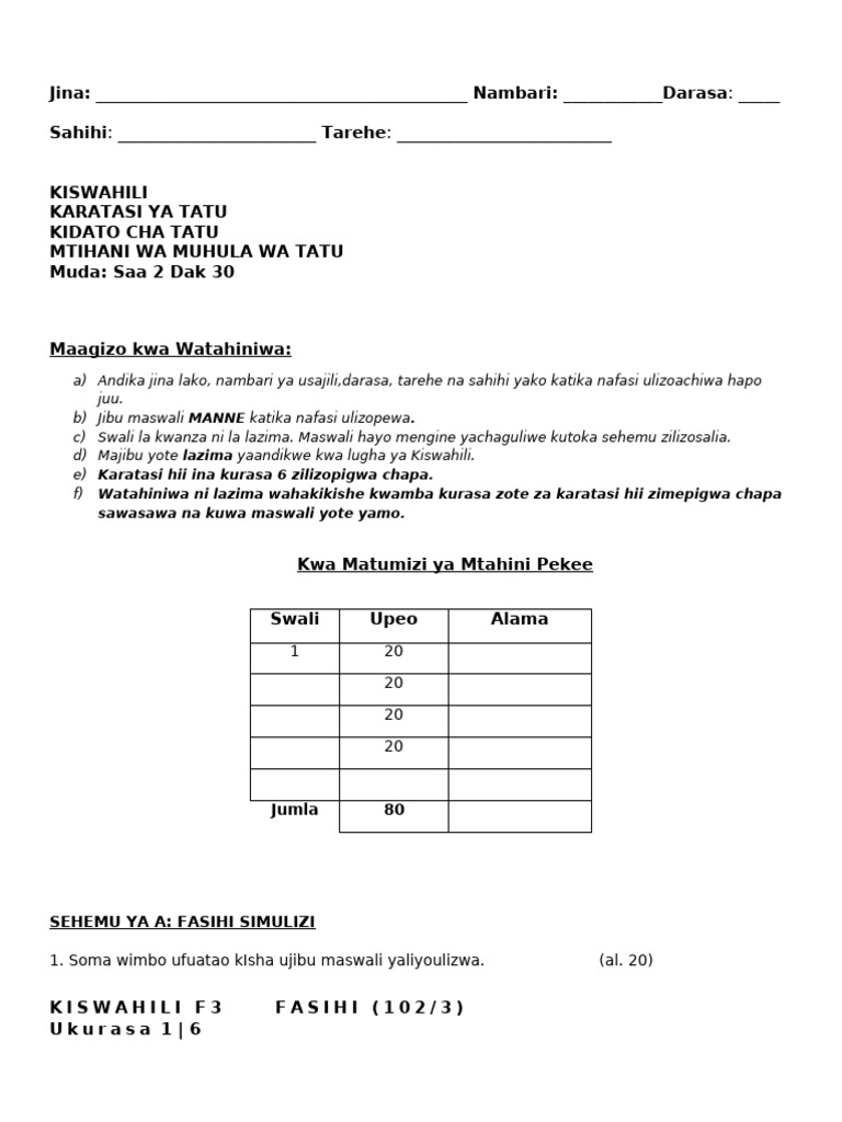 Kiswahili F3 PP3 QS | PDF