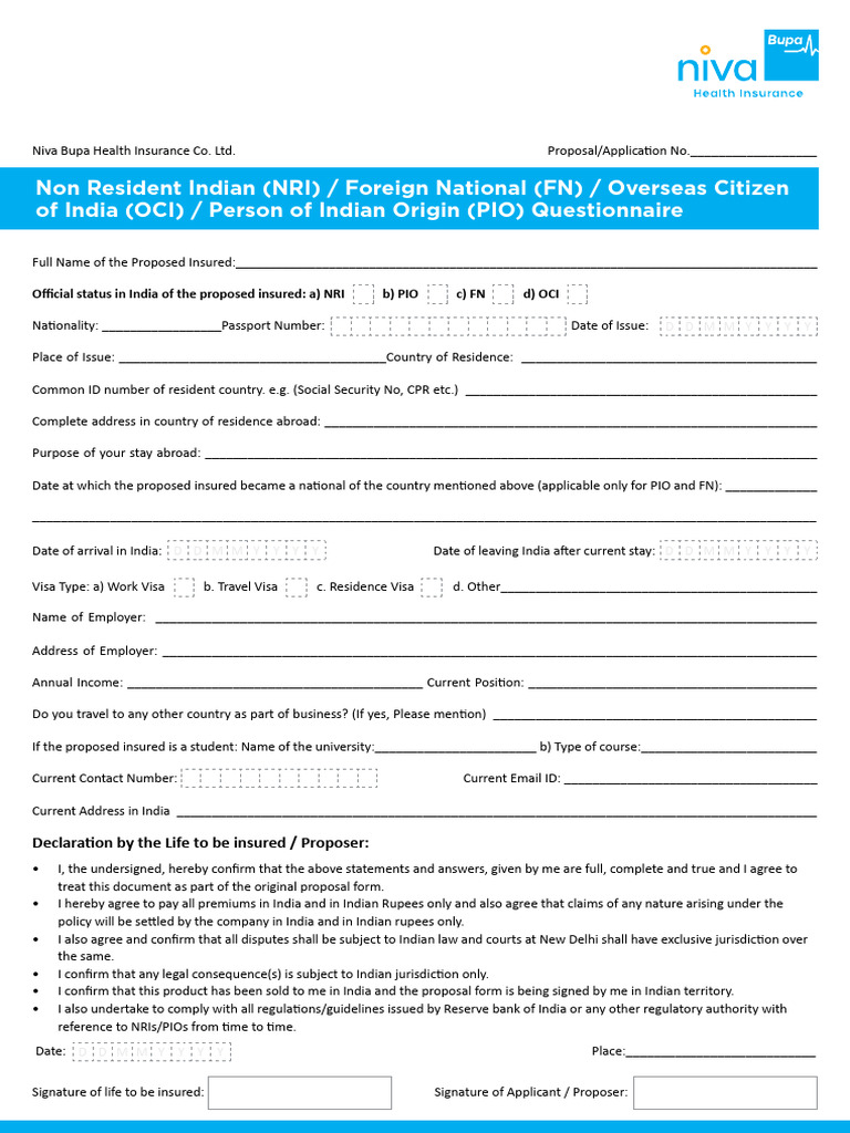 NRI/PIO/OCI/FN Insurance Form | PDF | Travel Visa | Government And ...
