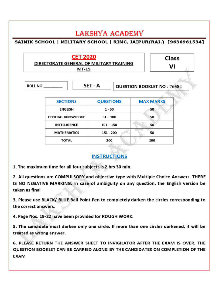 RMS (Cet) Mock#002 For Class 6TH | PDF