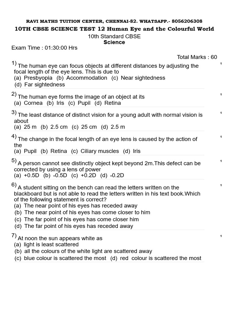 Human Eye and Light Phenomena Test | PDF | Refraction | Light