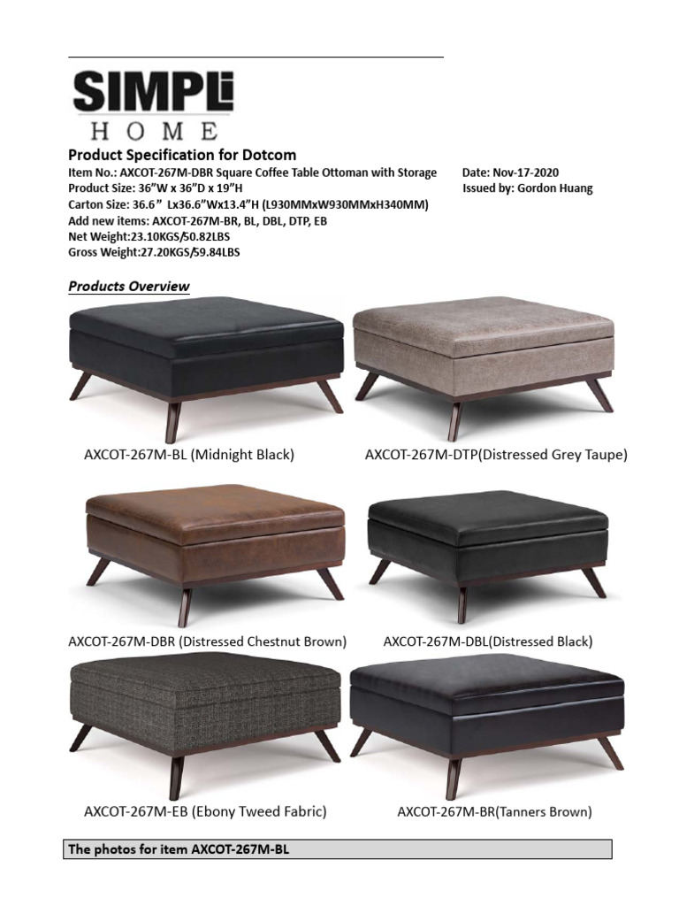 Owen Square Coffee Table Storage Ottoman AXCOT267M Specification Sheet ...