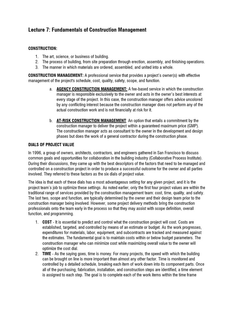 LECTURE 7 - Fundamentals of Construction Management | PDF ...