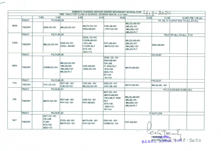 New Time Table For Class Xi Science W.E.F 4.11.24 | PDF