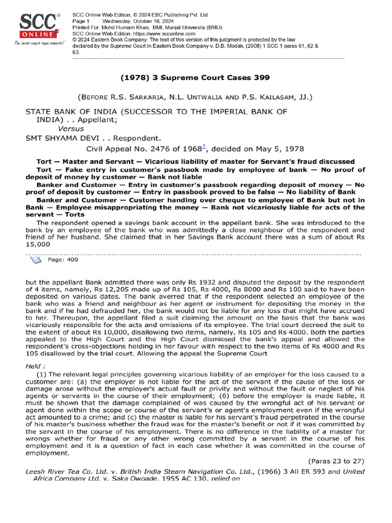 Supreme Court, SBI Vs Shyama Devi, 1978 | PDF | Banks | Cheque