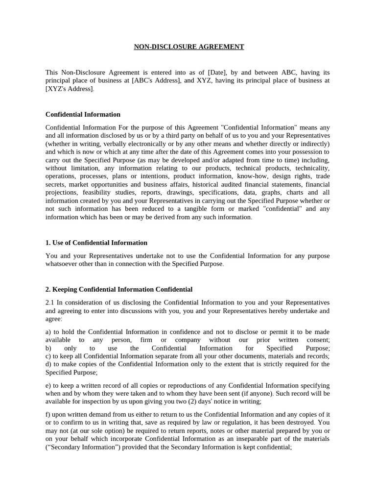 Non-Disclosure Agreement Template | PDF | Breach Of Contract | Legal Remedy