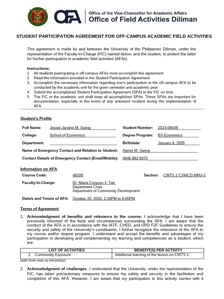 CWTS 1 MRU-2 Student Participation Agreement For AFAs (Off-Campus) | PDF | Safety | Justice
