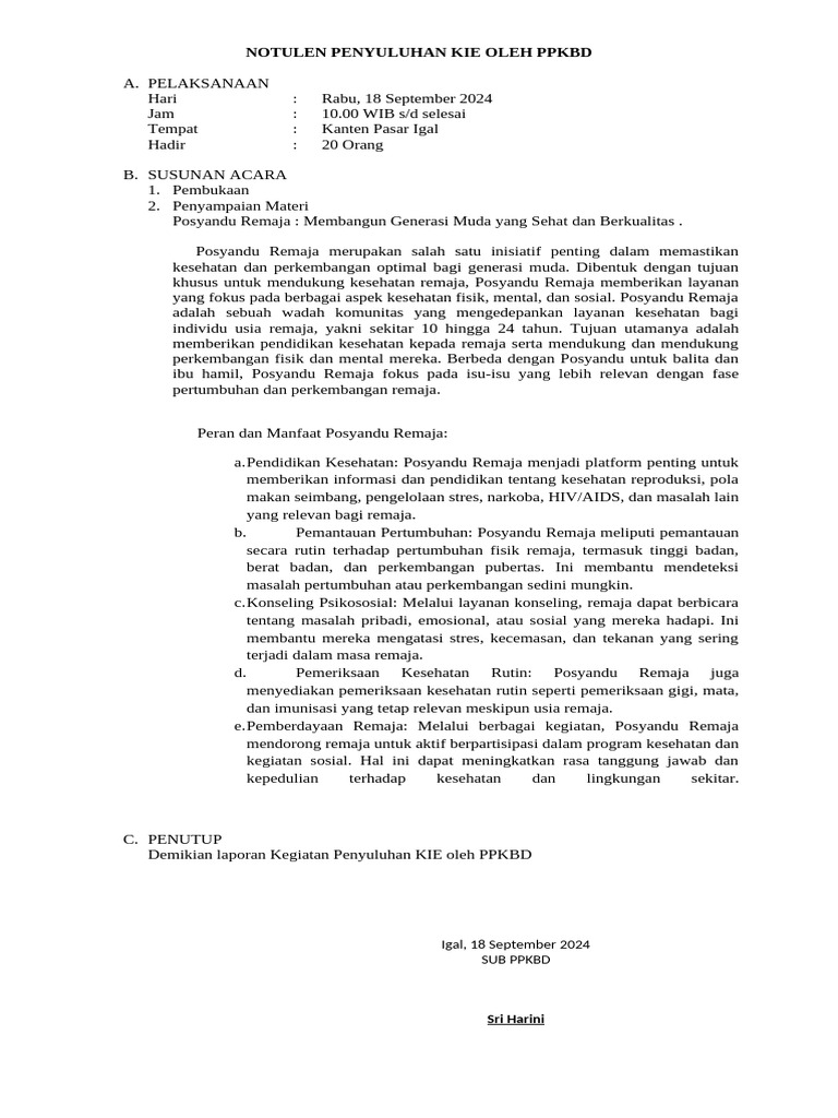 NOTULEN PENYULUHAN KIE OLEH PPKBD September 2024 | PDF | Pengembangan Diri