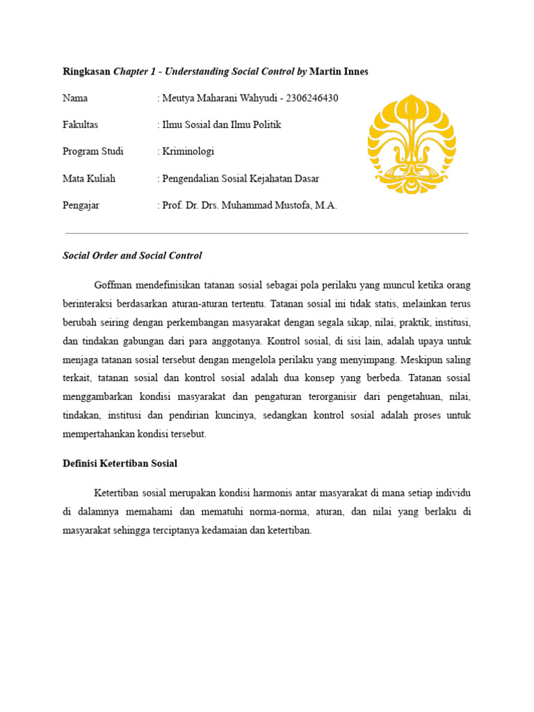 RINGKASAN CHAPTER 1 (Social Order and Social Control) - PSKD-2024 | PDF | Politik | Sains ...