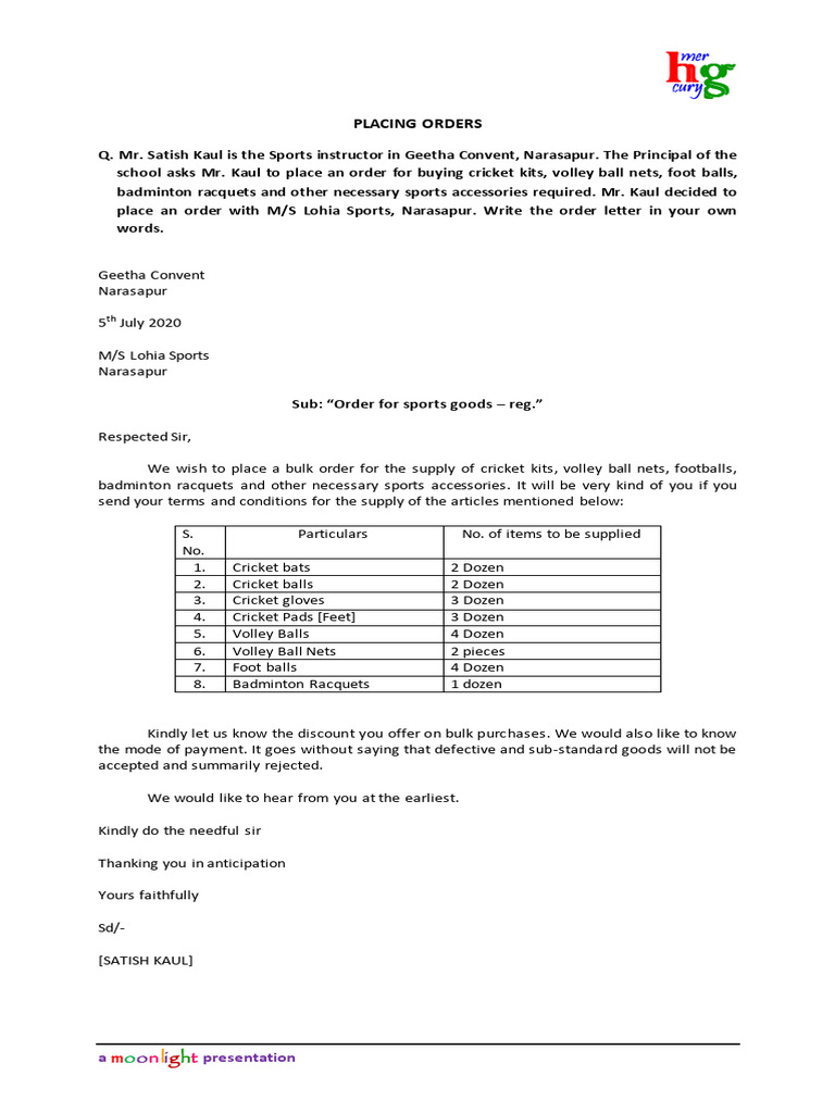 Letter For Placing Orders - Sample 1 | PDF