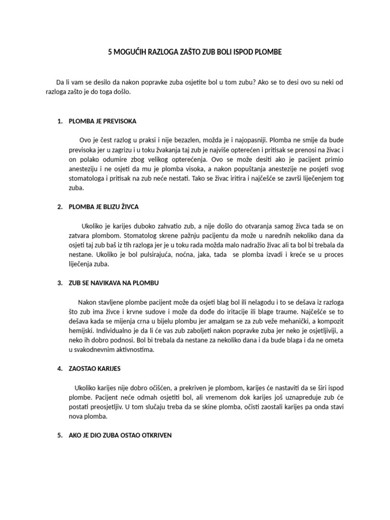 5 Mogućih Razloga Zašto Zub Boli Ispod Plombe | PDF