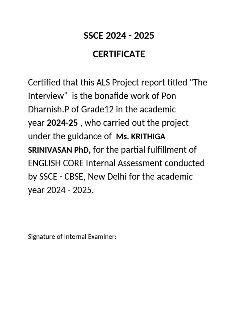 SSCE 2024 - 2025 Certificate: Ms. Krithiga Srinivasan PHD | PDF