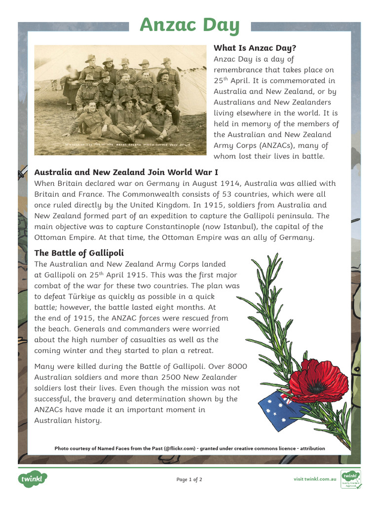 Au t2 T 10000088 Anzac Day Fact File With Questions Full Page | PDF ...