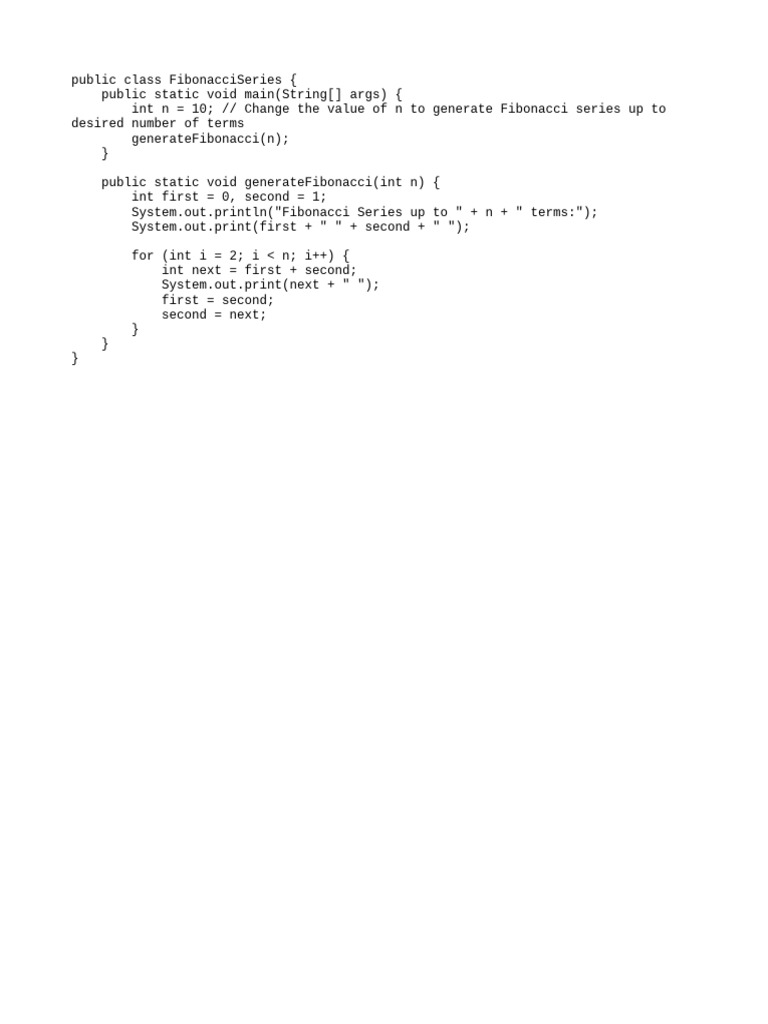 Public Class FibonacciSeries { | PDF Public Class FibonacciSeries { | PDF