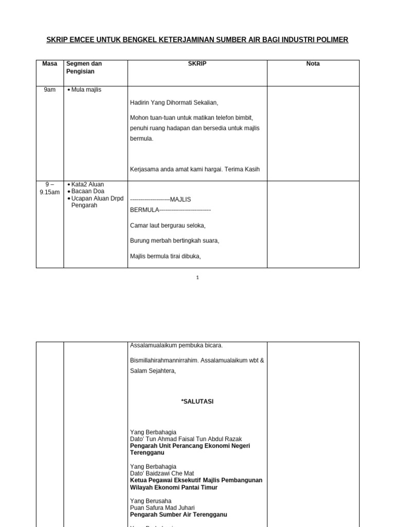 Skrip Emcee Untuk Bengkel Keterjaminan Sumber Air Bagi Industri Polimer ...