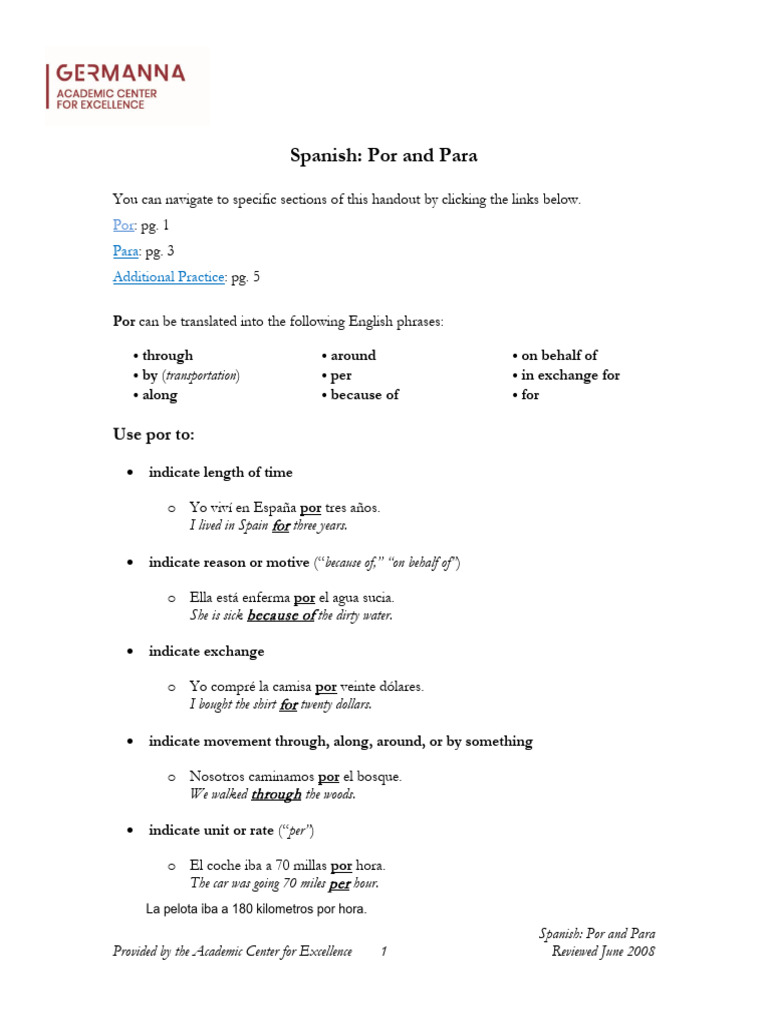 Spanish Por and para | PDF