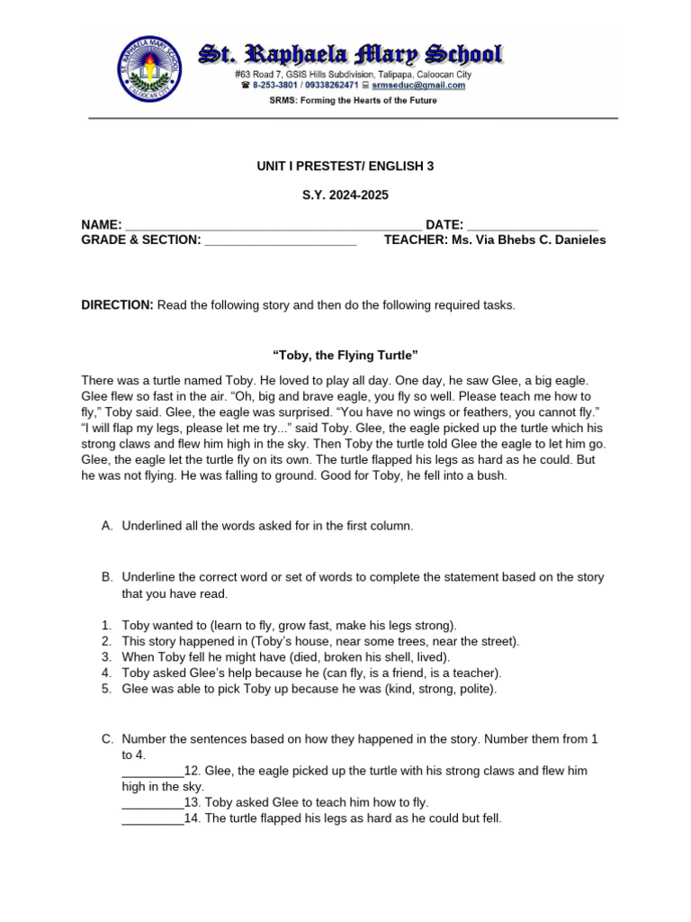 Pretest In English 3 Q1 Pdf Language Arts Discipline Foreign