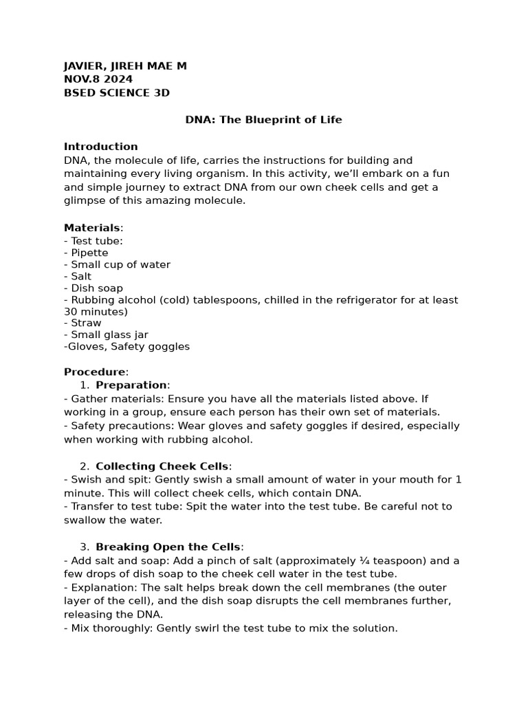 Extracting DNA from Cheek Cells | PDF | Dna | Cell (Biology)