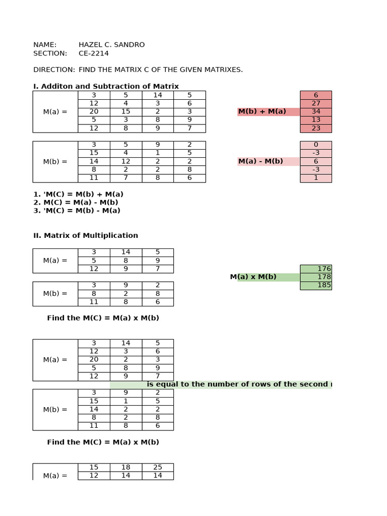 Laboratory 2.1 Matrix Algebra Operations and Methods 1 | PDF ...