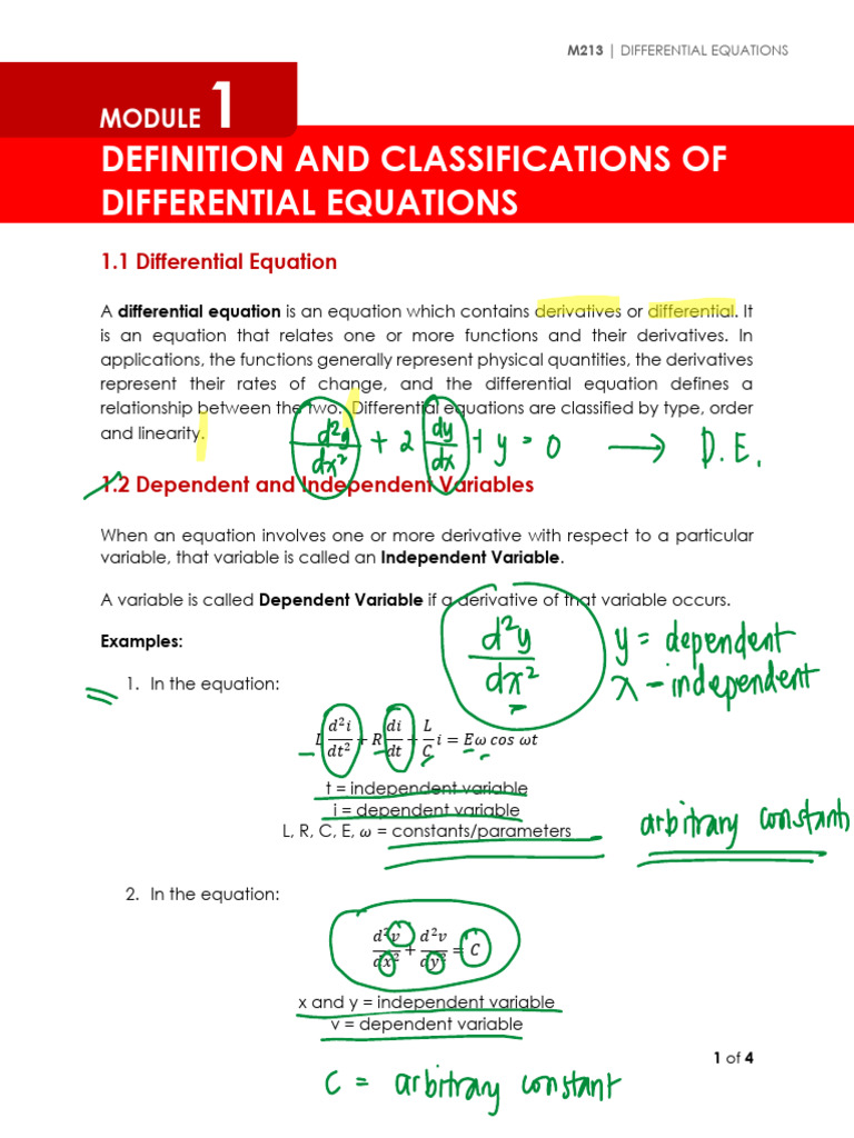 MODULE 1 IE2A - Definition and Classifications of Differential Equations | PDF | Equations ...
