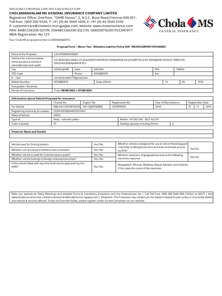 Two-Wheeler Insurance Proposal | PDF | Insurance | Business Law