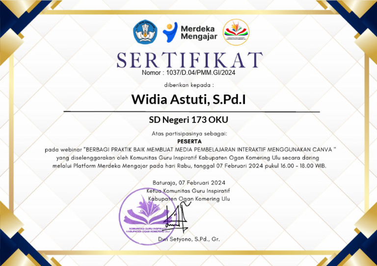 Sertifikat - GI - 2024 - 05 - Widia Astuti, S.Pd.I | PDF