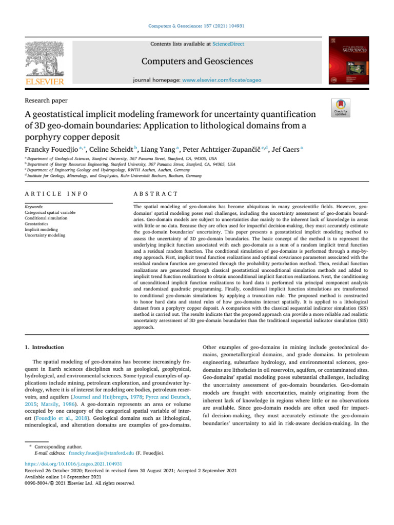 Computers and Geosciences: Francky Fouedjio, Celine Scheidt, Liang Yang ...