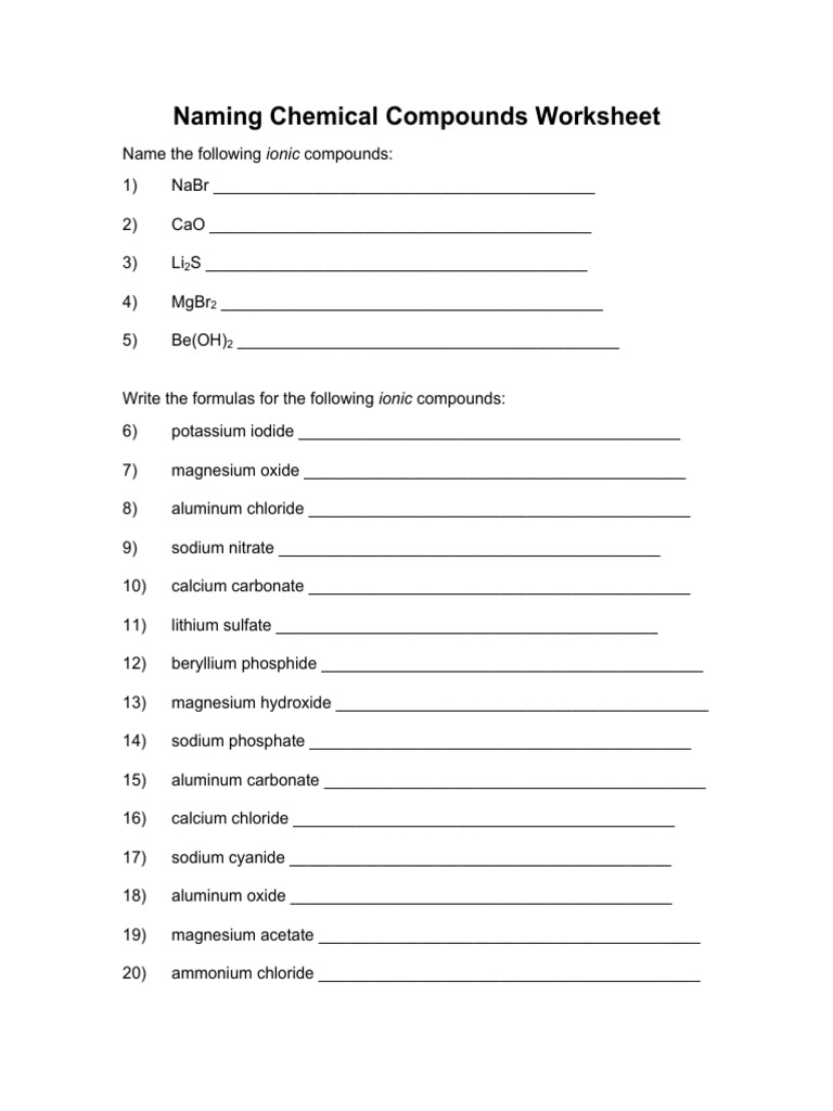 Chemical Compounds Naming Worksheet | PDF | Magnesium | Oxide